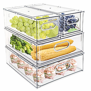 MineSign 4 pack Stackable Refrigerator Organizer Bins Pull-Out Drawers for Fruit and Veggies Storage Organizer for Fridge Clear Drawer Containers with Handle Divided Organization for Produce Saver