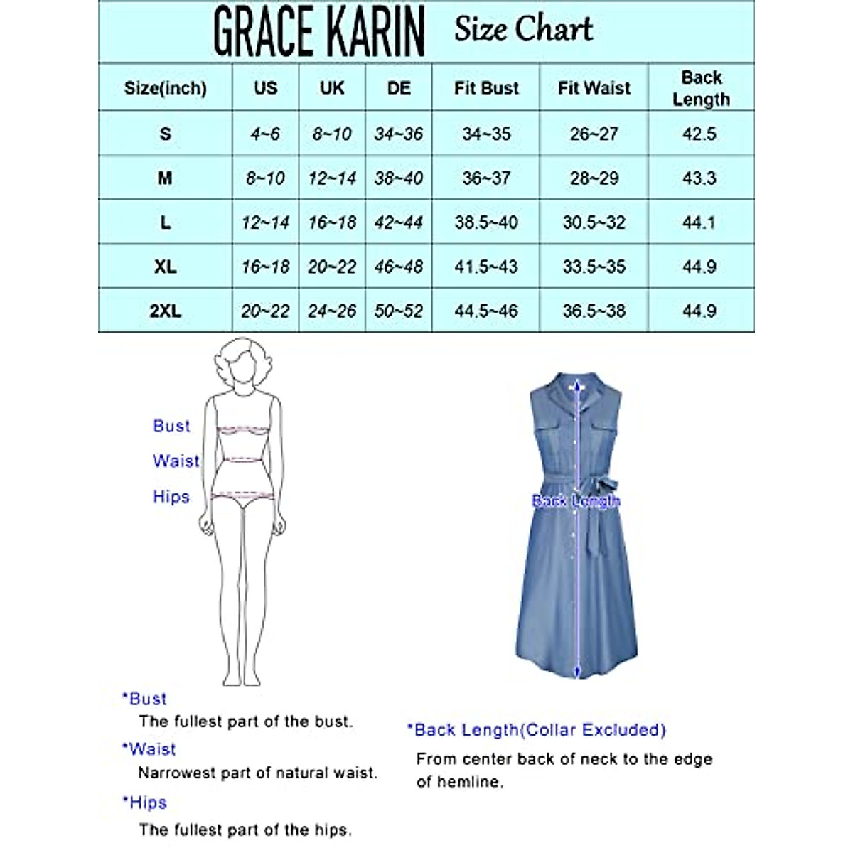 GRACE KARIN Womens Jean Dress Casual Denim Dresses Summer Sleeveless Button Down A line Shirt Dress with Belt Blue XL