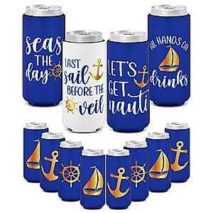 CiyvoLyeen Let’s Get Nauti Beer Can Coolers, Bachelorette Party Slim Can Sleeves Beverage Nautical Sailor Drink Holder Soda Cover Coolies Weddings Supplies Last Sail Before The Veil Decorations 12PCS