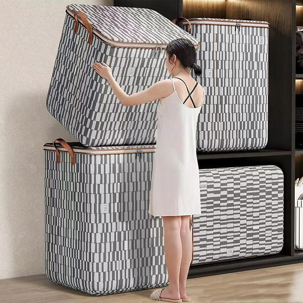 Generic Clothes Storage Bag with Lids Non-woven Zipper Storage Bag Moving Quilt Storage Basket Travel Large-capacity Clothing Storage Bag for Pillows Blankets Storage (Large)