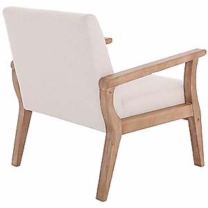BESTANO Mid Century Modern Accent Chair, Linen Upholstered Living Room Accent Armchair with Wood Frame, Farmhouse Chair Indoor Corner Chair for Living Room Bedroom, Ivory