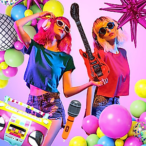 RUBFAC 90s 80s Theme Party Decorations Balloon Arch Kit Inflatable Disco Ball Microphone Rainbow Roller Skate Boom Box Guitar Exploding Star Balloon for Hip Hop Birthday Supplies