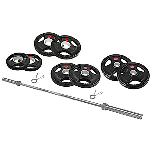 Signature Fitness Cast Iron Olympic 2-Inch Weight Plates Including 7FT Olympic Barbell, 130-Pound Set (85 Pounds Plates + 45 Pounds Barbell), Multiple Packages, Rubber Coated Style