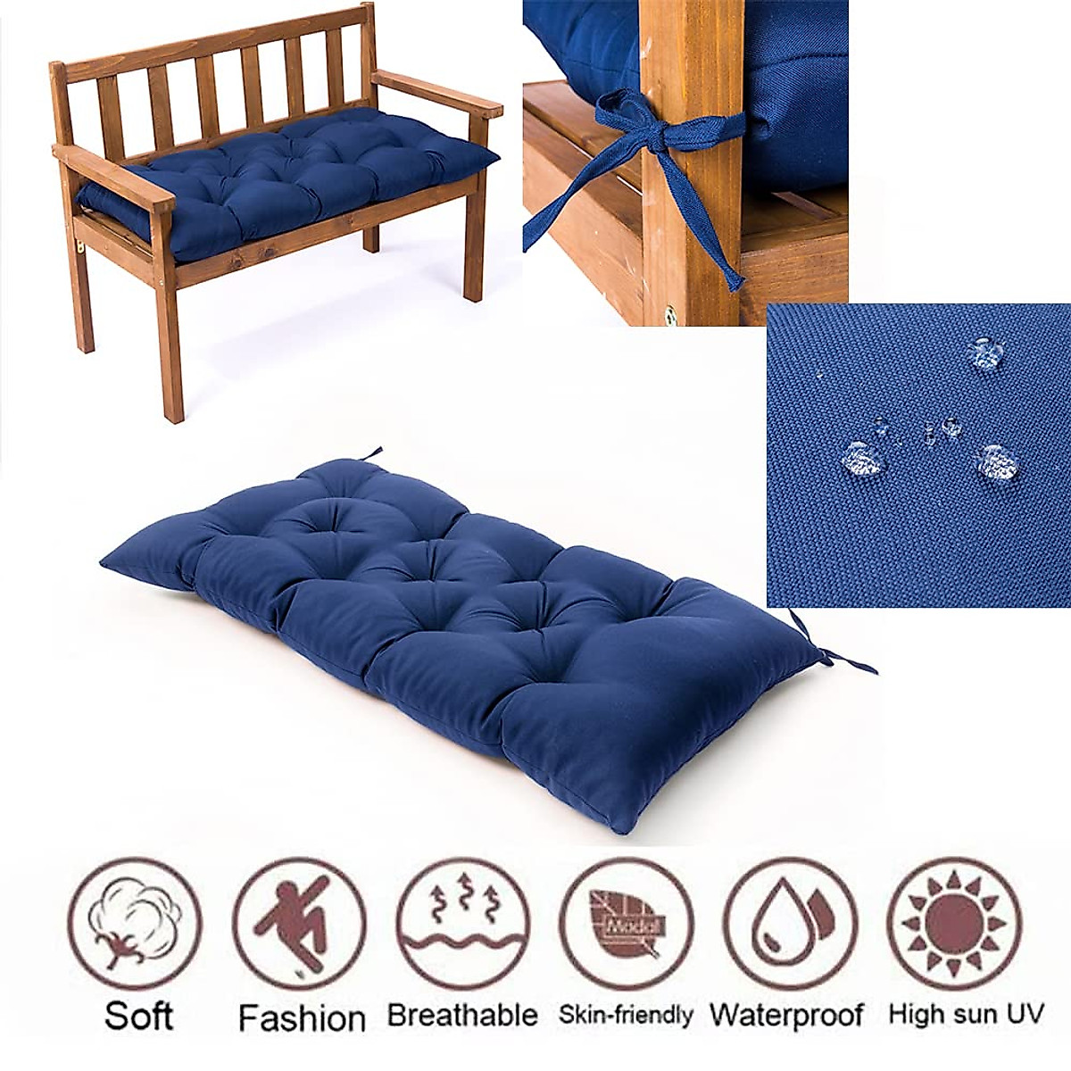 MOONASE Indoor/Outdoor Bench Cushion Patio Furniture Chair Cushion Tufted Lounger Seat Cushions with Ties for Patio Garden (39.4 X 19.7 Inch, Navy)