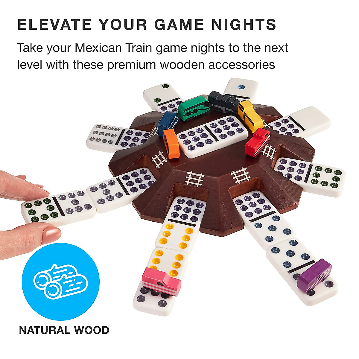 Brybelly 8-Pack Mexican Train Dominoes Tokens Premium Wood Upgrade Pack - Real Wood Markers Modeled After Real Trains - Detailed Colorful Screen Print - Great Gift - Board Game Tile Accessories