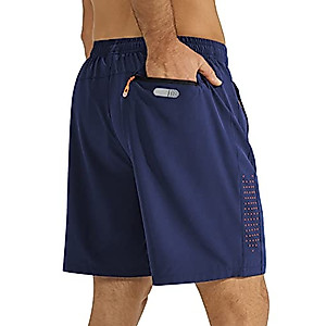 Purltoan Gym Shorts for Men Quick-Dry Workout Hiking Shorts 7 Inch Sports Running Sweat Shorts with Zipper Pockets Navy L