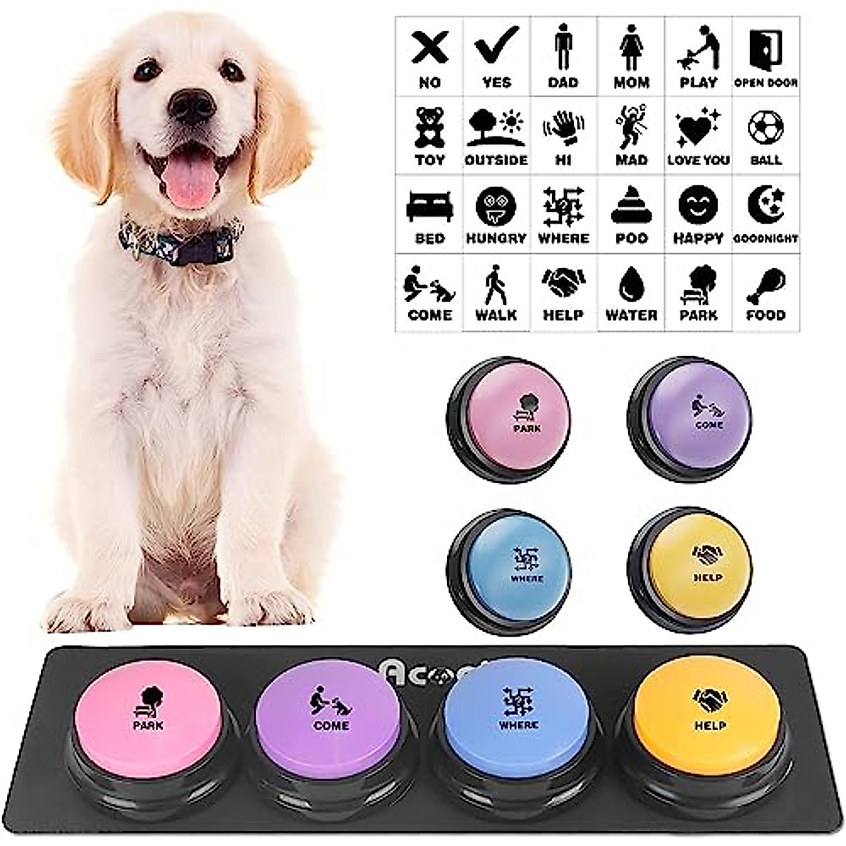 Dog Buttons for Communication, 4 Dog Talking Button Set, Speaking Buttons for Cats and Dogs, 30s Voice Recordable Pet Training Buzzer with Waterproof Dog Activity Mat and 24 Scene Stickers