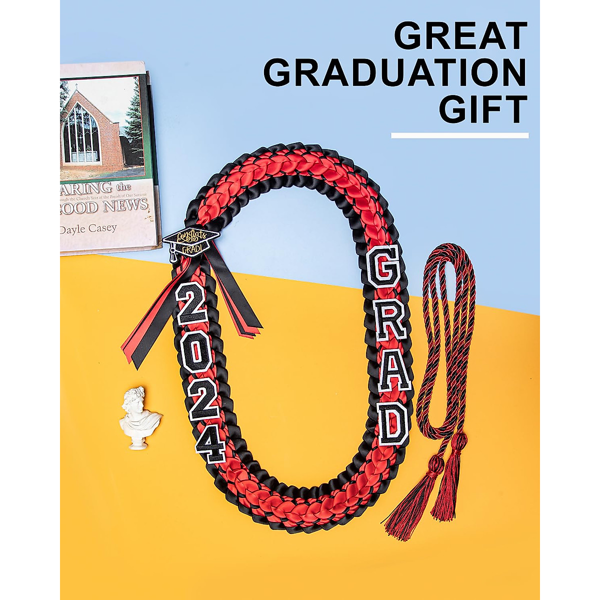 ALKB 11 Pcs Graduation Ribbon Leis, Black Red Graduation Braided Necklace with Honor Cord Class of 2024 Graduation Gift for High School College Graduation Party Supplies