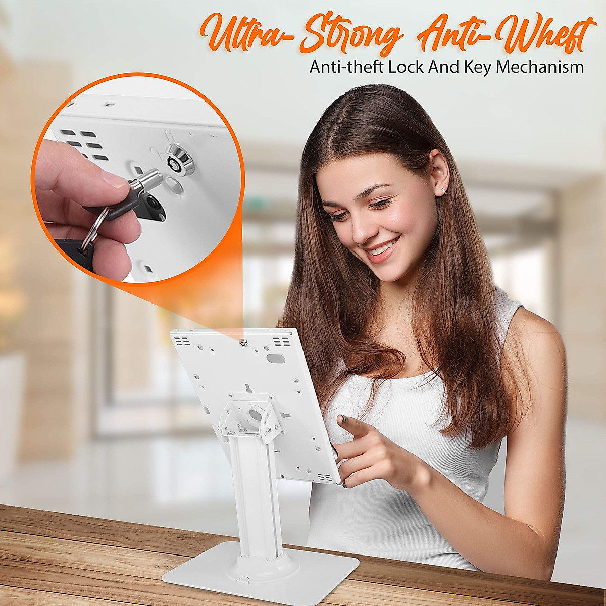 Pyle Anti Theft Tablet Security Stand - Table Mount Desktop Ipad Kiosk Stand w/Lock and Key Mechanism, 90° Rotate 75° Tilt - iPad, iPad Air, iPad Pro, Samsung Galaxy Tab A (2023) PSPADLK18, White