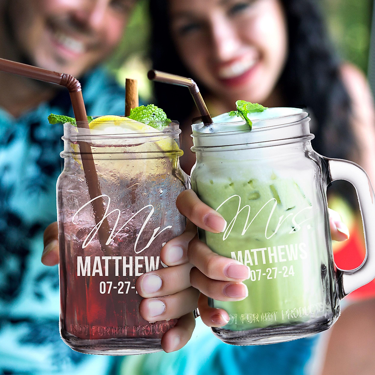 My Personal Memories Set of 2 Mr and Mrs Personalized Mason Jar Glasses - Engraved, Custom, Monogrammed Barware Glassware Gifts