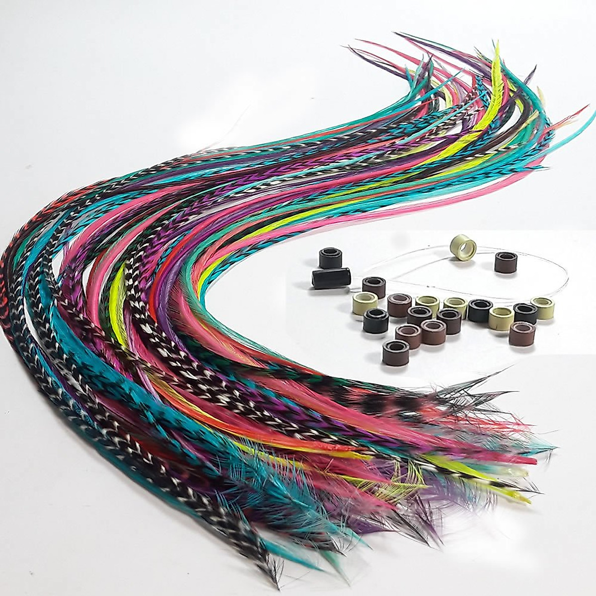 20 Real Feathers Hair Extension Kit - Assorted Colors, Long Natural Thin Feathers, 7”-13” Length, 100% Real Rooster Feathers