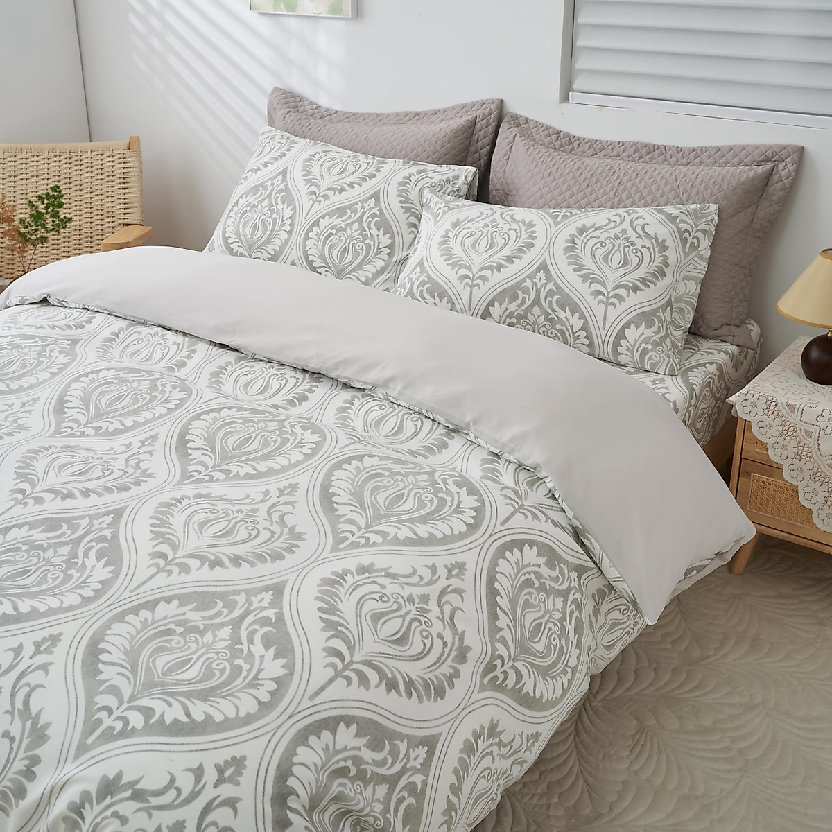 Tache Gray White Ogee Damask Moon Sky Speckled Heather Grey Modern Victorian Shabby Chic Reversible Duvet Cover Queen