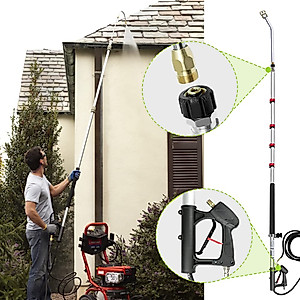 XUNCHI 24 Feet High Pressure Power Washer Telescoping Lance Extension Wand with 1/4 Inch Quick Connection, 5 Spray Nozzle Tips and Harness Belt, Pivoting Coupler, 2 Adapters, 4000 PSI Max Pressure
