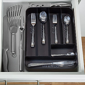 AuldHome Farmhouse Enamelware Silverware Organizer (Black), Divided Cutlery Utensil Drawer Organizer