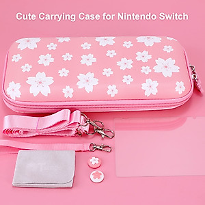 Tscope Cute Carrying Case for Nintendo Switch / OLED, Pink Sakura Protective Portable Hard Shell Travel Carry Shoulder Bag & Accessories for NS Consolo, for Girls, Kids (Switch Pink)
