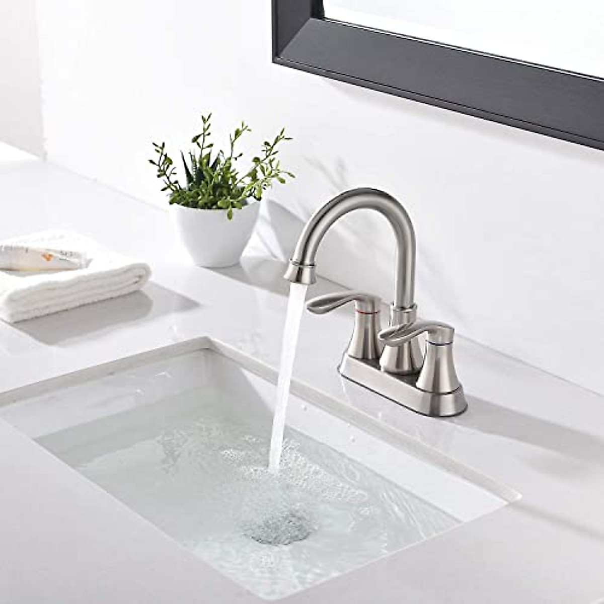 Friho Centerset Lead-Free Modern Commercial 2-Handle Brushed Nickel Bathroom Faucet, 4 inch RV Bathroom Sink Faucet 3 Hole Bath Vanity Faucets with Drain Stopper and Water Hoses
