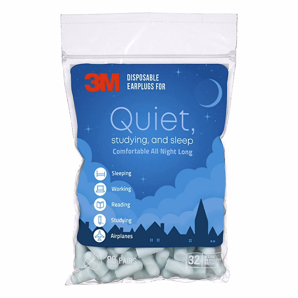 3M Disposable Earplugs For Quiet, Studying & Sleep, 80 Pairs (160 Plugs), Noise Reduction Rating (NRR) 32 dB, Comfortable All Night Long, Light Blue Ear Plugs, Come In Resealable Bag (EPQS-80B-SIOC)