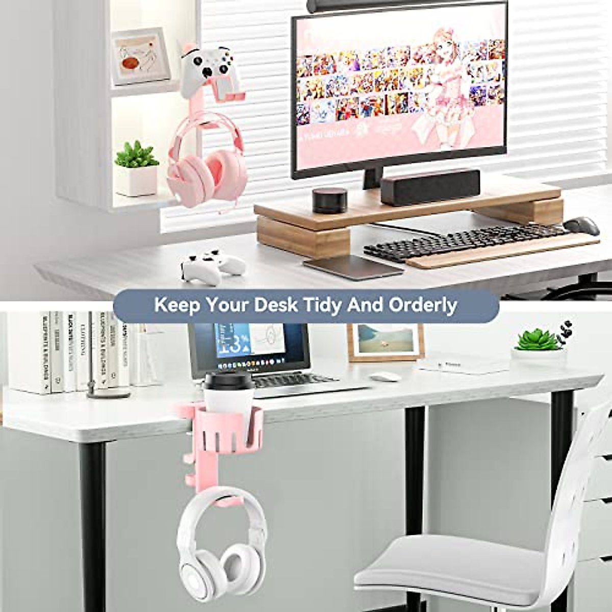 KDD Rotatable Headphone Hanger - 3 in 1 Under Desk Clamp Controller Stand Replaceable Cup Holder - Compatible with Universal Headset, Controller, Cup(Pink)