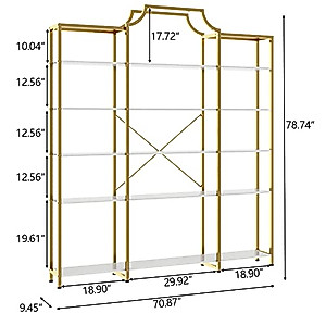Auromie Triple Wide 5-Tier Bookshelf, 70.87" L x 79.13" H Extra Large Gold Bookcase, Tall Display Shelf with Metal Frame, Freestanding Etagere Storage Display Shelf for Home Office, White Gold