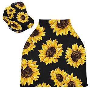 WELLDAY Baby Car Seat Covers Black Sunflower Stretchy Breastfeeding Scarf Breathable Infant Carseat Canopy Nursing Covers Multi Use for Stroller High Chair Shopping Cart Boys and Girls