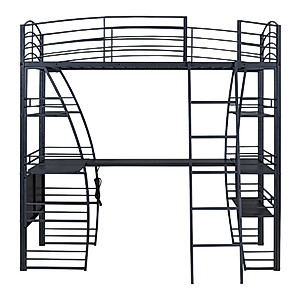 Harper & Bright Designs Metal Twin Size Loft Bed with L-Shaped Desk and Storage Shelves, Twin Loft Bed with USB Ports and Wireless Charging, High Junior Loft Bed Frame for Kids Boys Girls,Black