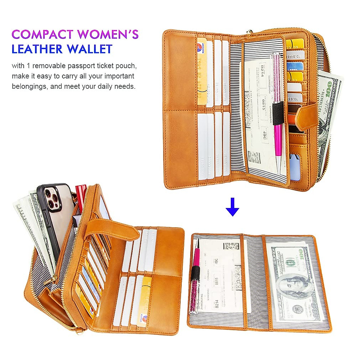 nuoku Wallet for Women RFID Blocking Credit Card Holder with Large Capacity Leather Wristlet (Brown)