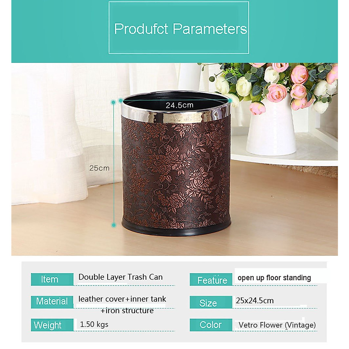 Trash Can Luxury Double Layer Leather with Stainless Steel Ring Metal Waste bin 10L Garbage Container Dustbin case for Hotel Office (Vintage)