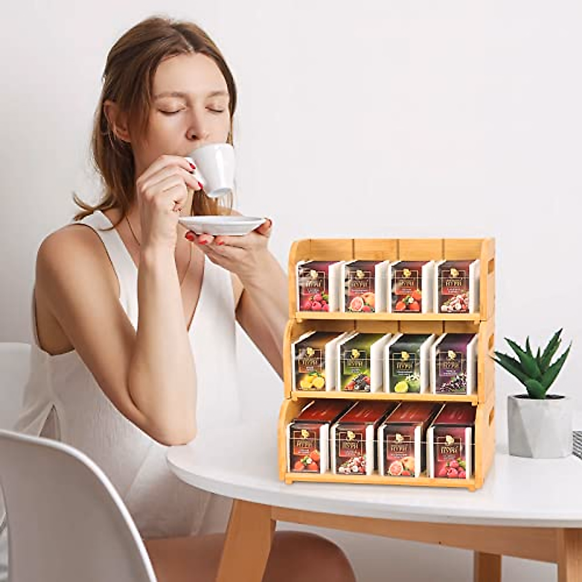 Bamboo Tea Bag Organizer, 3-Tier Tea Bag Holder Storage Organizer, Stackable Tea Packet Rack/Shelf, Tea Station Stand with Acrylic Partition for Counter, Cabinet and Pantry