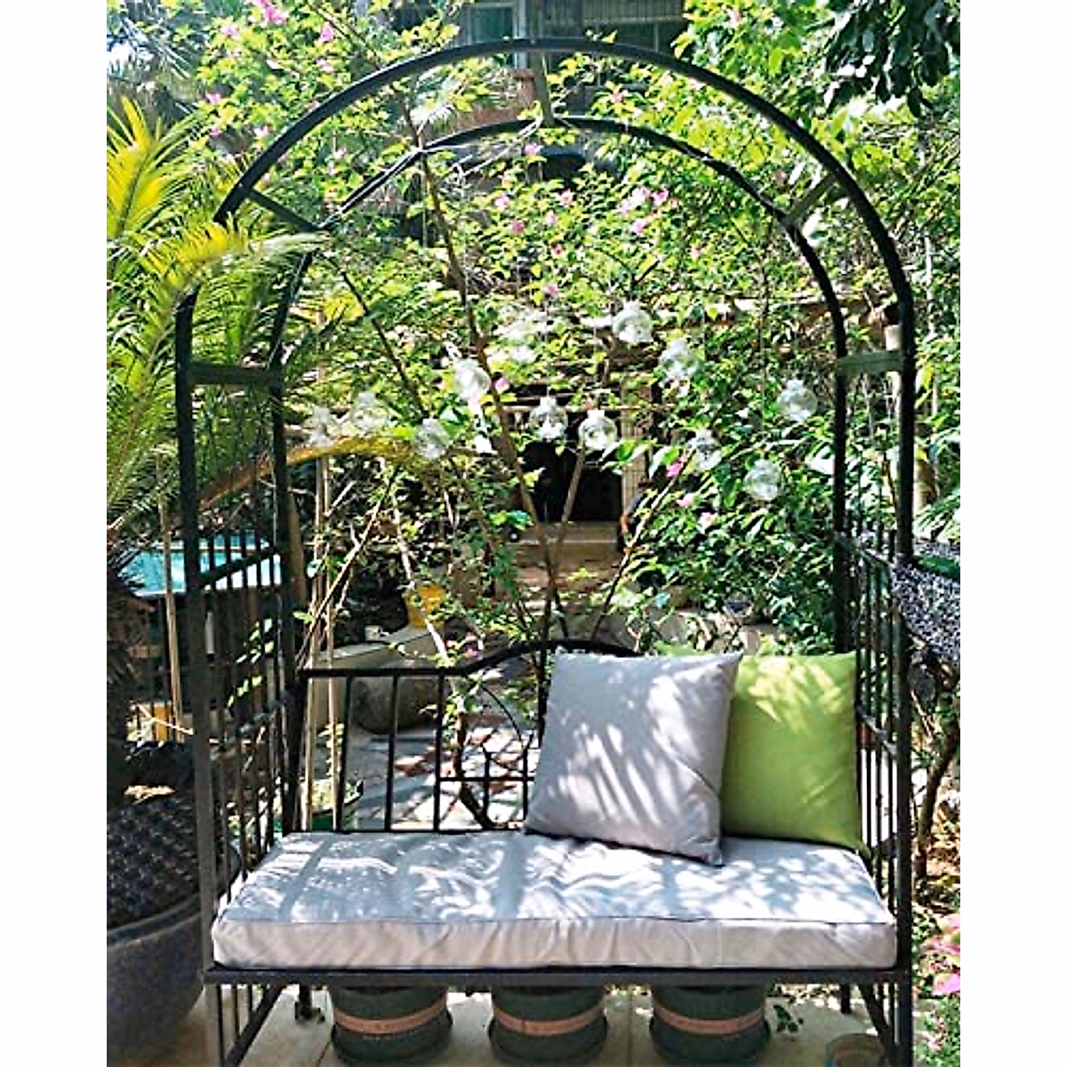 Outdoor Garden Archway with Bench Seat Metal Garden Arbor Trellis Garden Rose Arch 6.9ft x 3.7ft MetalGrape Rose Vines and Indoor Party Decoration (Black 114x210cm/3.7ftx6.9ft)