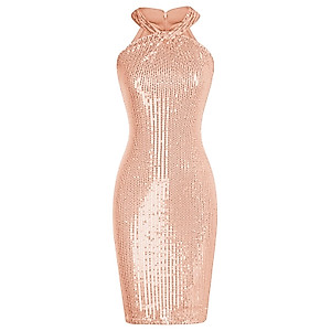 Women Halter Sequin Dress Sexy Shiny Bodycon Party Cocktail Dresses Rose Gold L