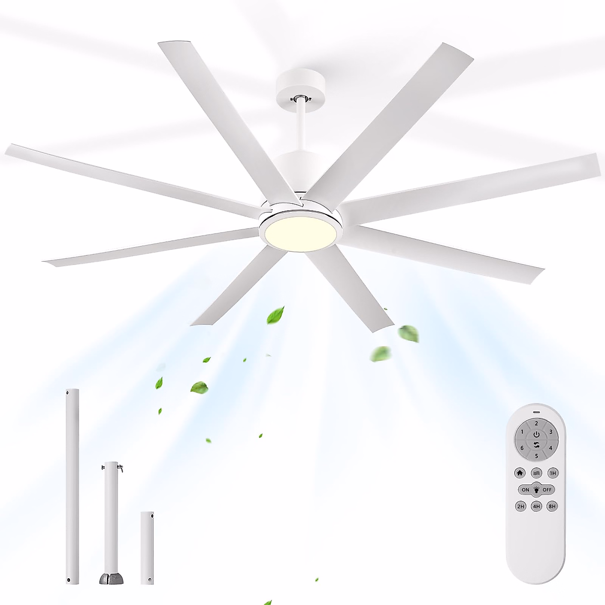 FookChak 65in White Large Ceiling Fan with Lights Remote Control 8-Blade Outdoor Ceiling Fan Light for Patio, Multi-speed Reversible Airflow for Garage Home Office Gym Room Living Room Bedroom
