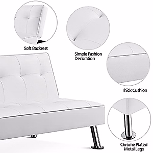 Topeakmart Convertible Sofa Bed Tufted Faux Leather Couch Bed with Chrome Metal Legs Adjustable Backrest Easily Converts to Recliner and Bed Comfortable Sofa for Living Room/Bed Room/Apartment,White