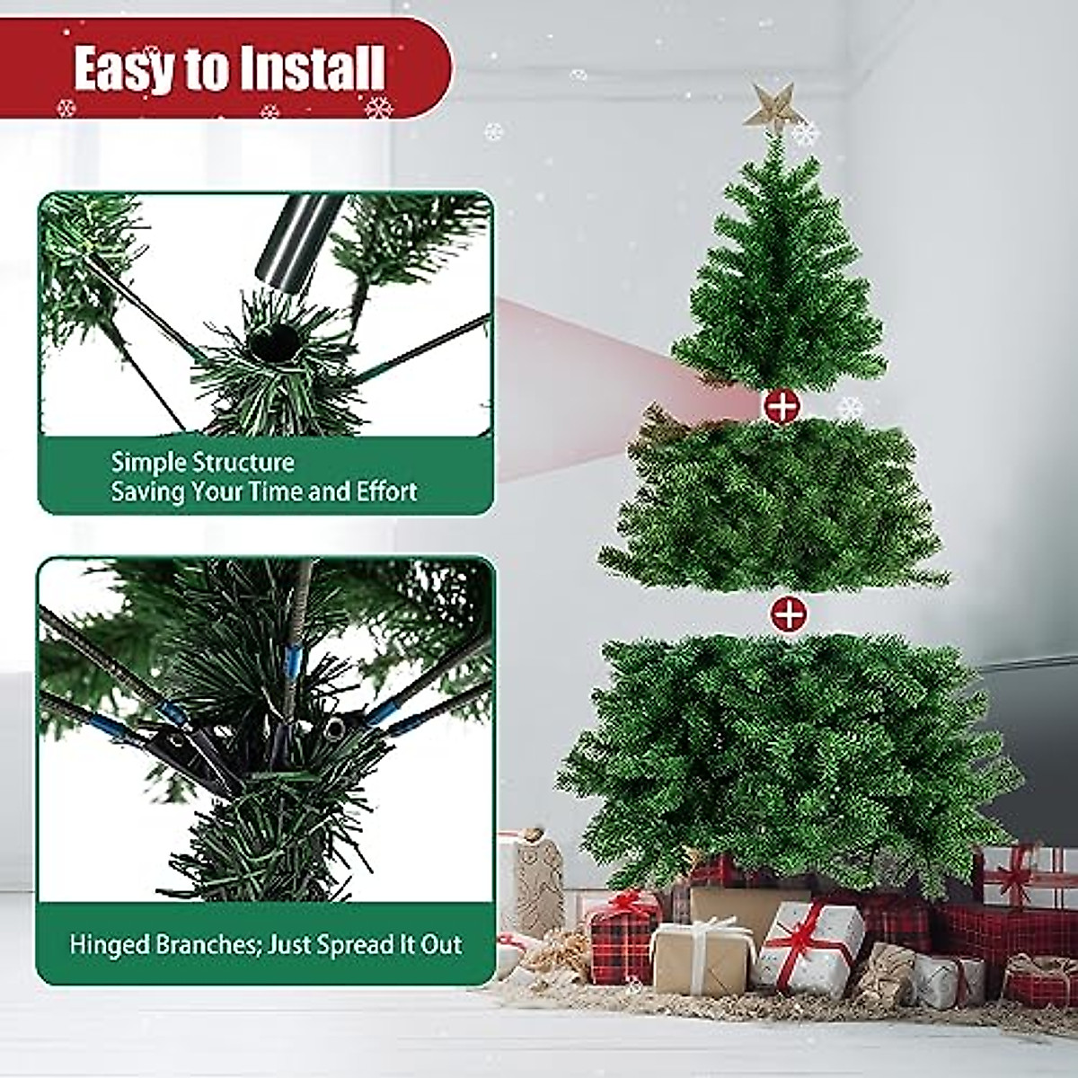 6.5FT Artificial Christmas Tree Xmas Holiday Pine Tree Christmas Tree Realistic Holiday Decoration with Metal Stand Hinges PVC Leaves Easy Assembly for Outdoor Indoor Party Green