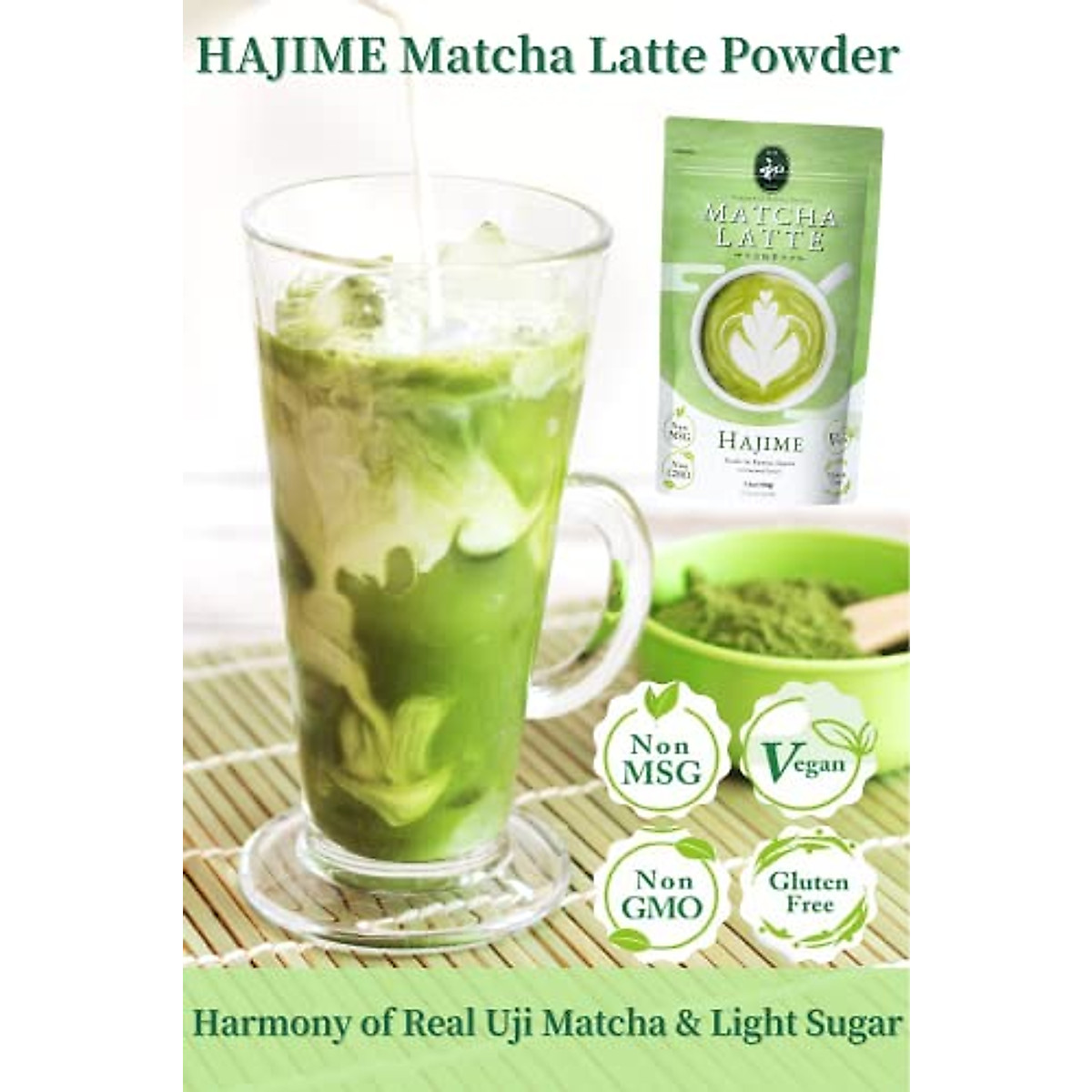 BJDesign Matcha Latte Powder “HAJIME” Sweetened Matcha Green Tea Powder - Authentic Japanese Origin - Non MSG, Non GMO, Vegan, Gluten Free (5.3 Ounce)