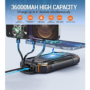 Jinepin 2 Pack of 36000mAh Solar Power Bank Solar Phone Charger, Built in 6 Cables, Wireless Portable Charger External Battery Pack with Led Flashlight