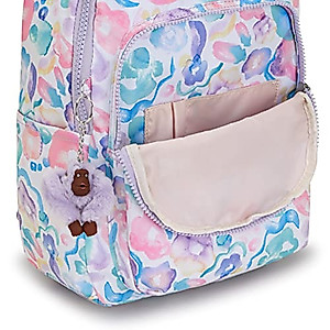 Kipling Women's Seoul Small Backpack, Durable, Padded Shoulder Straps with Tablet Sleeve, Aqua Flowers, 10''L x 13.75''H x 6.25''D