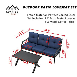 LOKATSE HOME Outdoor Patio Cushioned Loveseat 3 Seats Sofa Bench with Metal Coffee Table, Blue