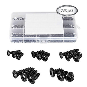 HanTof 750Pcs Small/Micro/Tiny/Mini Self-Tapping Screws,M1.7 M2 M2.3 M2.6 M3 Phillips Pan Head Screws for Laptop Computer Repair,Cross Recessed Wood Screws,DIY Electronic Screws,Carbon Steel (Black)
