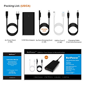 BatPower High Power Delivery Slim 120W Surface Charger Compatible with Microsoft Surface Book Laptop 4 3 2 1 Surface Pro 9 8 X 7 6 5 4 3 Go Power Supply 102W Adapter with Dual USB Quick Charge 3.0