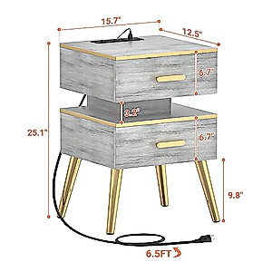 Cyclysio Night Stand with Charging Station, Modern Nightstand Bedside Tables with Led Lights, Bed Side Table Night Stand with Drawers for Bedroom and Sofa Side, 25'' Tall, White Oak Wood Finish