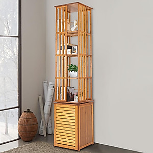 SHOUMANUAL Bamboo Rotating Bookshelf, 6-Tier Bookcase with Storage Cabinet & Doors, 360° Revolving Narrow Storage Display Rack Standing Shelves for Living Room Study Room Office (Teal)