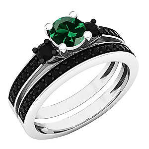 Dazzlingrock Collection 5 MM Center Round Lab Created Emerald with Natural Black Diamond Three Stone Engagement Ring Set for Women | 925 Sterling Silver, Size 5.5