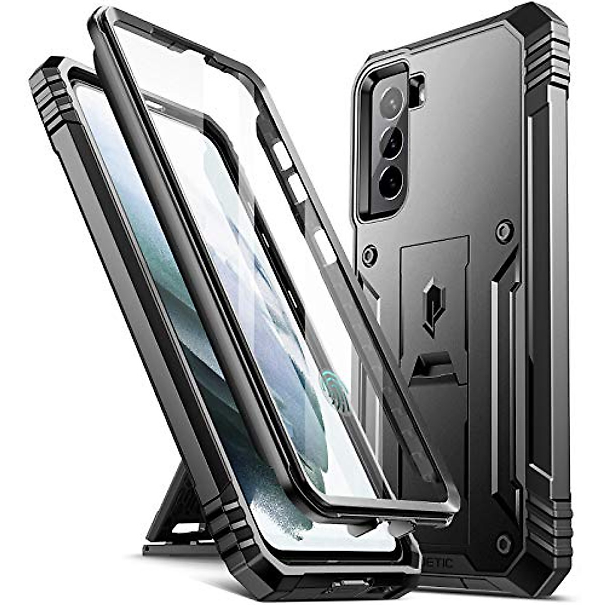 Poetic Revolution Case for Samsung Galaxy S21 5G 6.2 inch, Built-in Screen Protector Work with Fingerprint ID, Full Body Rugged Shockproof Protective Cover Case with Kickstand, Black