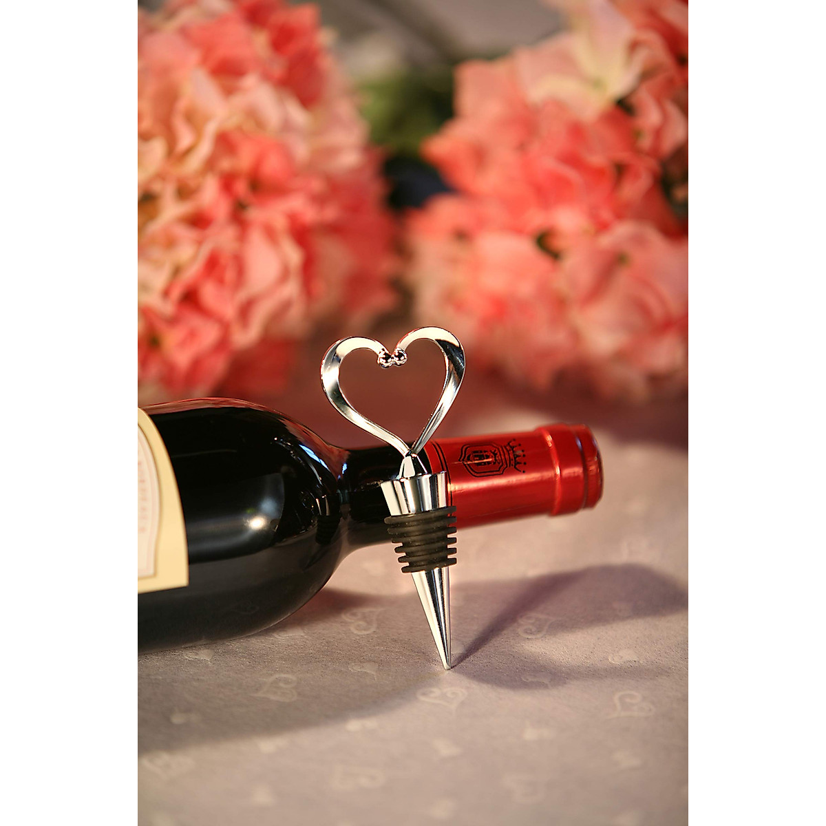 Fashioncraft Heart Wine Bottle Stopper, Decorative Beverage Cork Topper Saver, Metal with Reusable Rubber Plug, for Wedding Favors, Party, Baby Shower - Love Design Heart Shape - Chrome (1 Pack)