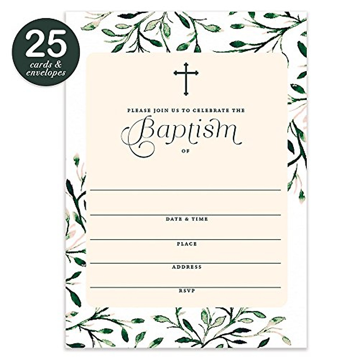 DB Party Studio Baptism Invitations ( 25 ) & Matching Thank You Cards ( 25 ) Set with Envelopes, Pretty Delicate Leaf Design 5 x 7" Fill-in Invites & Folded Thanks Notes Baby Infant Christening Pair
