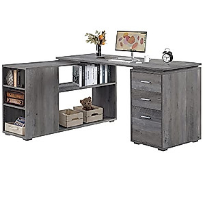 BELLEZE L Shaped Computer Desk, 60” Study Writing Table Home Office Desk Morden Corner Workstation Setup with Adjustable Storage Shelves and 3 Drawers, Gray Wash