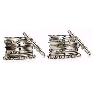 Efulgenz Boho Vintage Antique Ethnic Gypsy Tribal Indian Oxidized Silver Plated Combo Bracelet Bangles Set Jewelry (Silver pack of 2 Sets, 2.4)