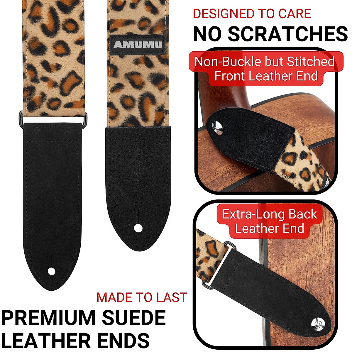 Amumu Crushed Flocked Guitar Strap Flocking Leopard for Bass, Electric & Acoustic Guitar Accessories