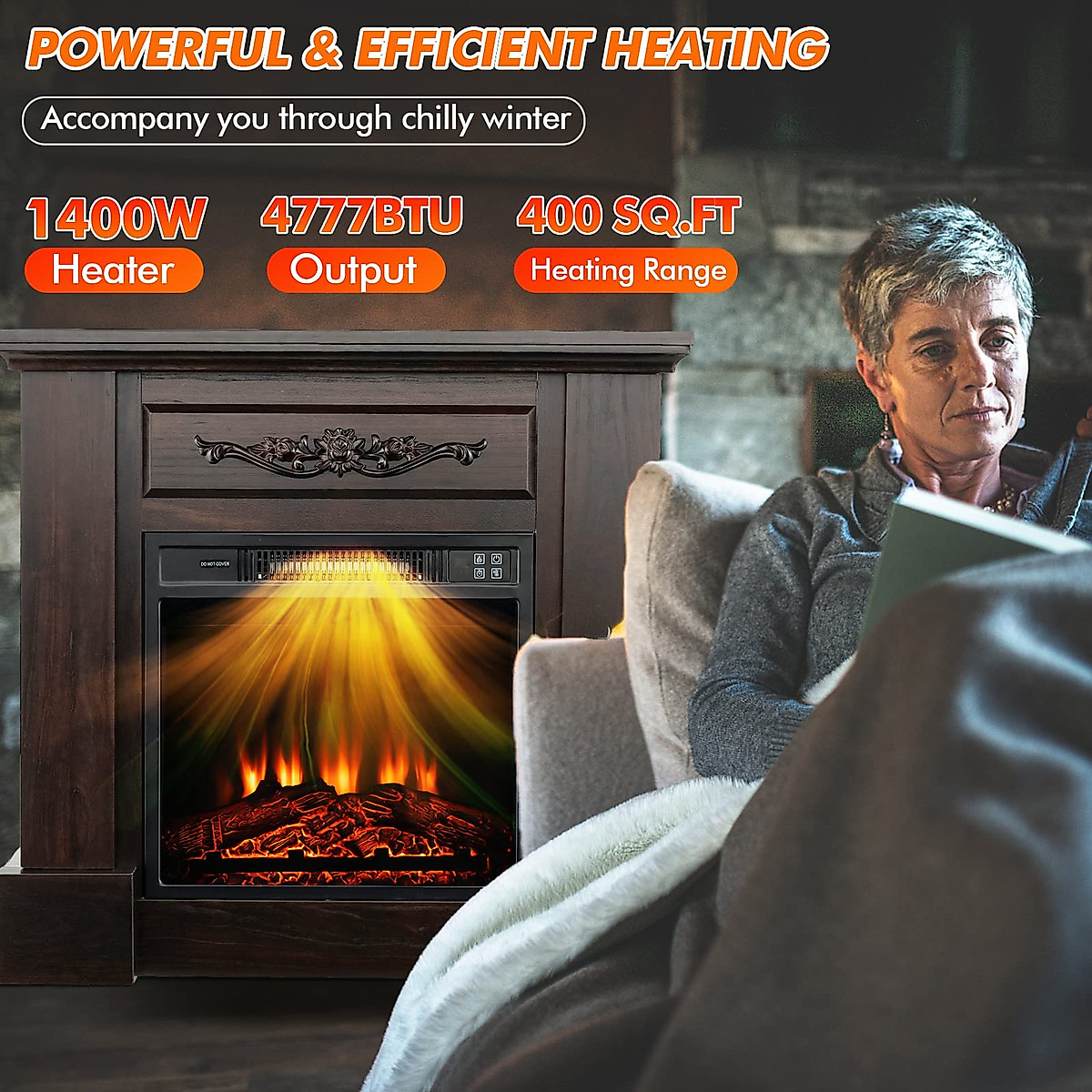 Tangkula 32’’Electric Fireplace with Mantle, Freestanding Fireplace Heater w/ 3D Realistic & Adjustable Flame, Remote Control, Overheat Protection, 1400 W Wooden Fireplace Mantel for Home (Brown)