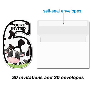 20 Cow 6th Birthday Party Invitations with Envelopes Double Sided Farm Animal Cow Shaped Fill-in Invitations Invites for 6 Year Old